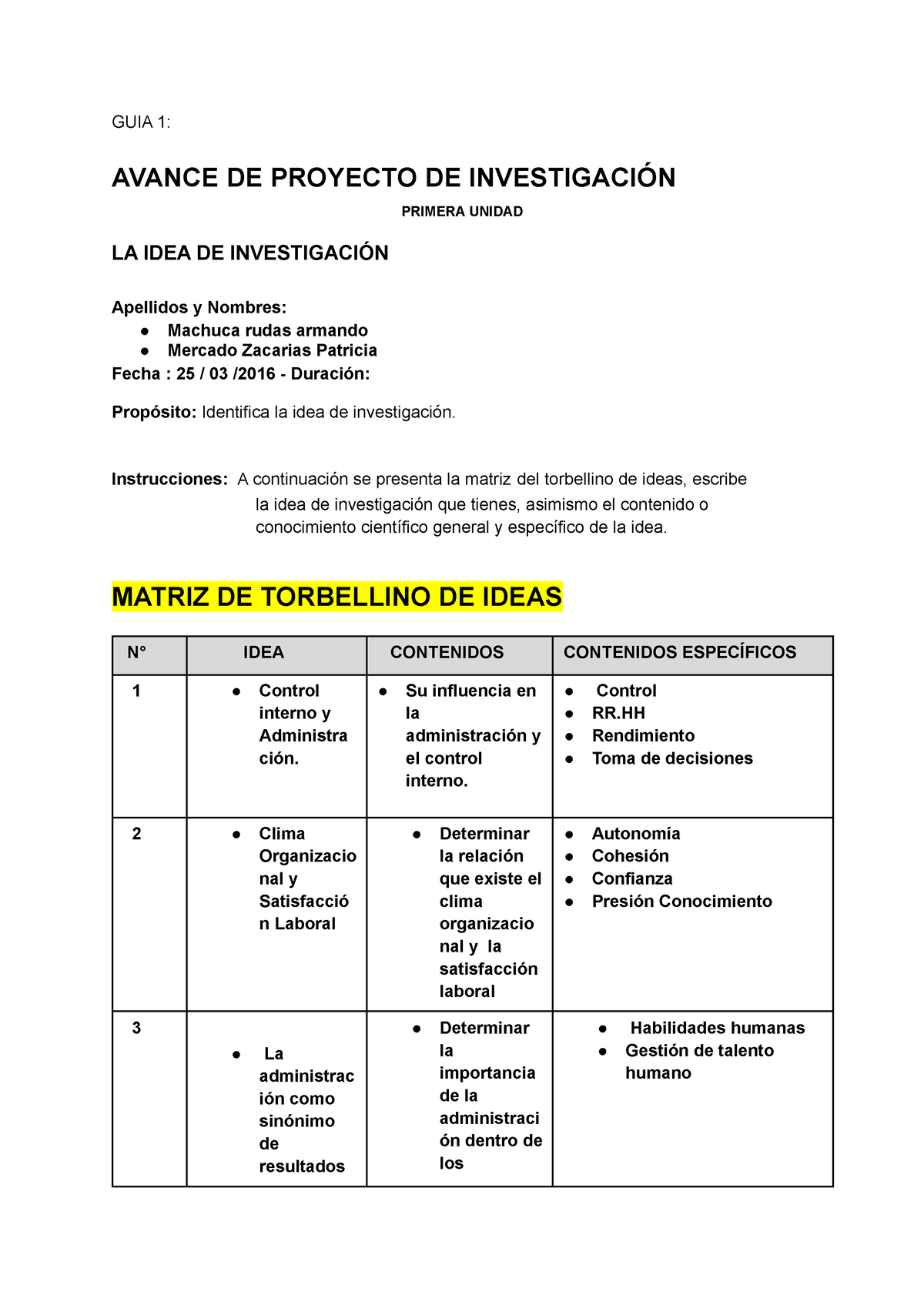 Matriz De Torbellino De Ideas 1 Guia 1 Avance De Proyecto De