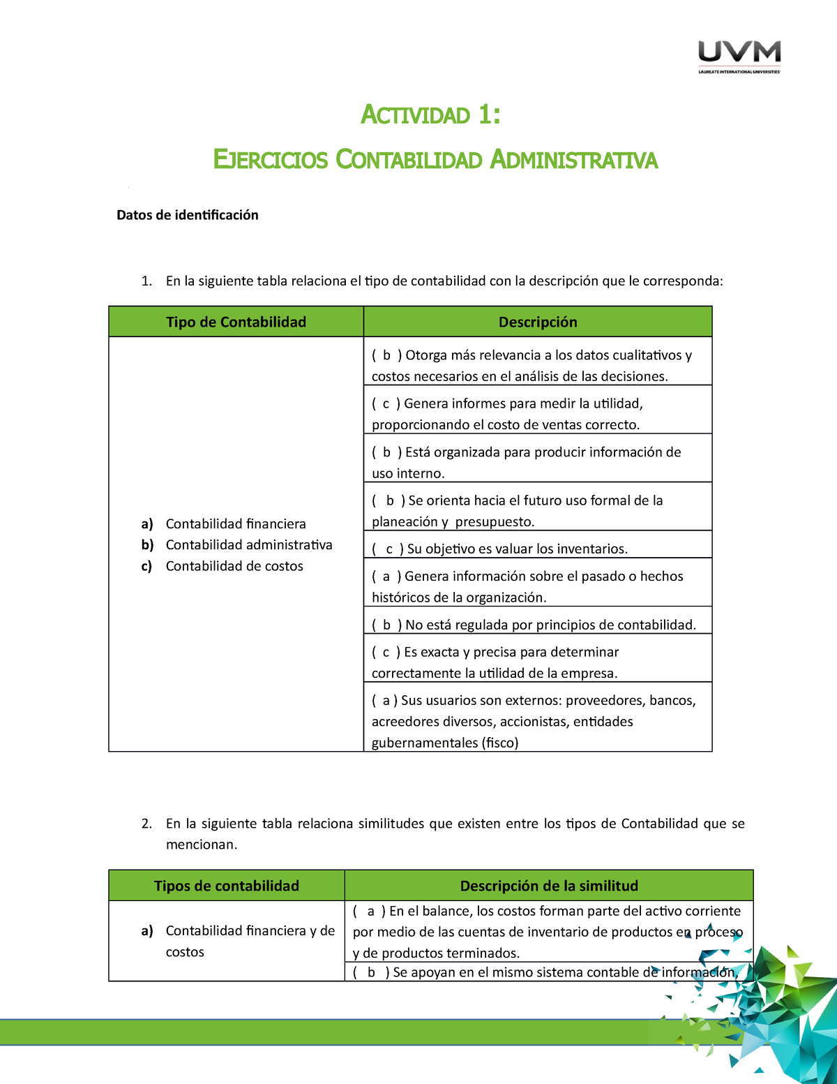 Actividad 1 Contabilidad Administrativa Uvm Actividad 1 Ejercicios