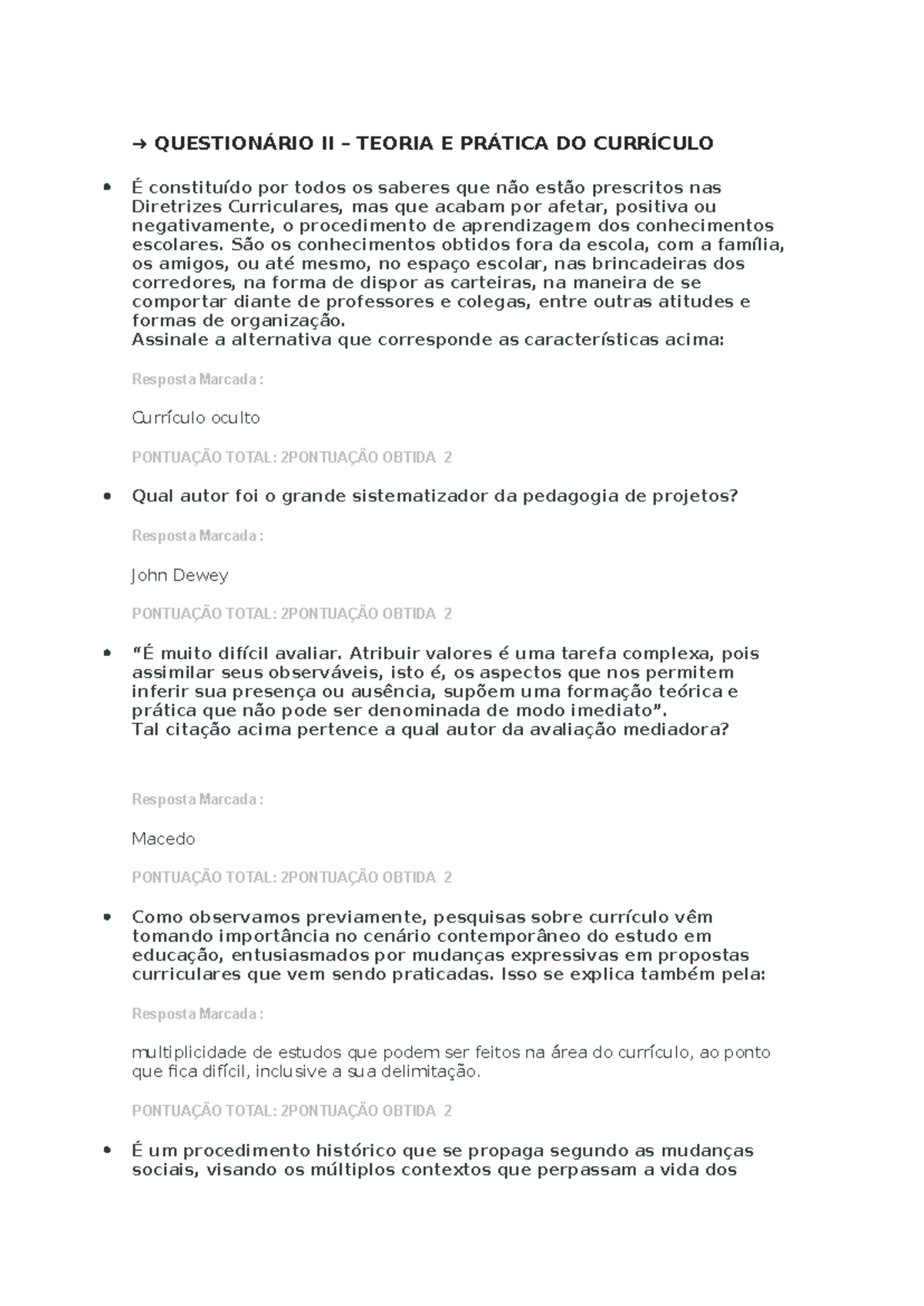 Questionário Ii Prática Do Currículo QuestionÁrio Ii Teoria E