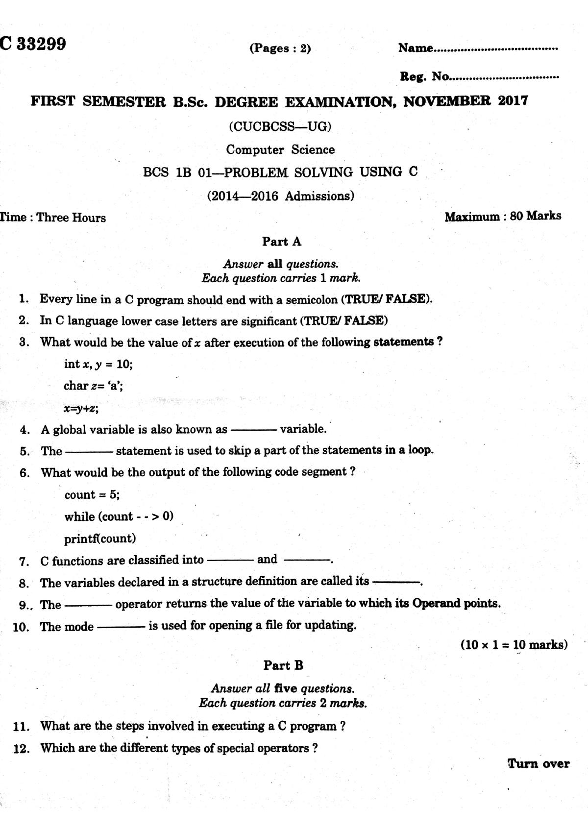 Problem Solving Using C Cs Nov 2017 Bachelors Of Computer