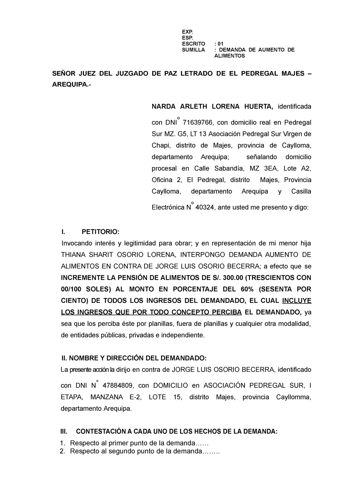 Modelo De Contestación De La Demanda Exp Esp Escrito 01 Sumilla