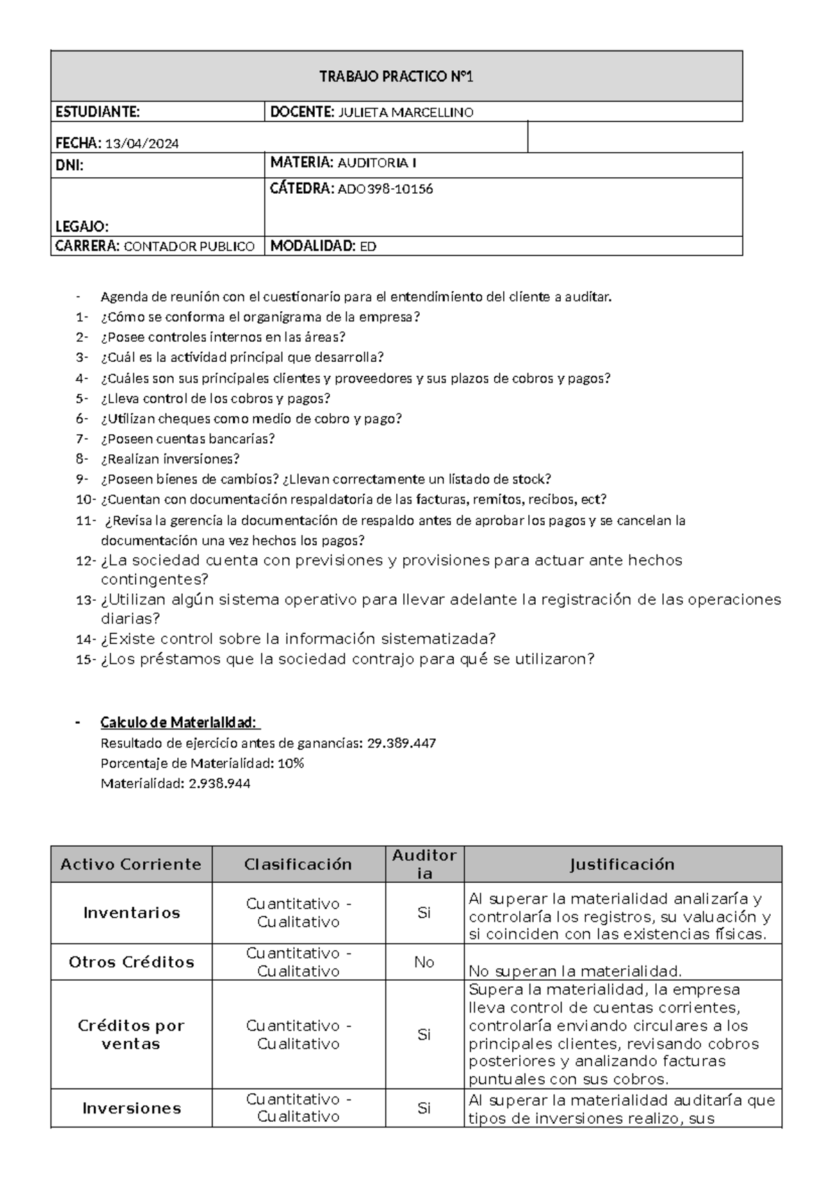 Tp N°1 Auditoria I Trabajo Practico N° Estudiante Docente Julieta