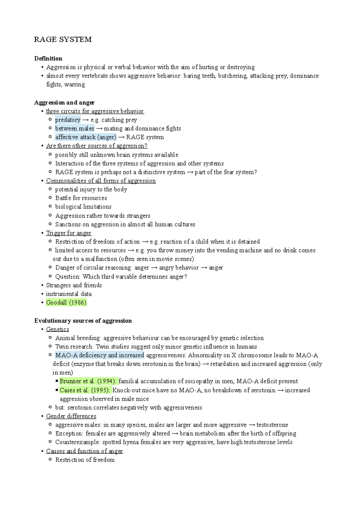 Summary Lecture 11 Emotions Anger And Rage Rage System Definition