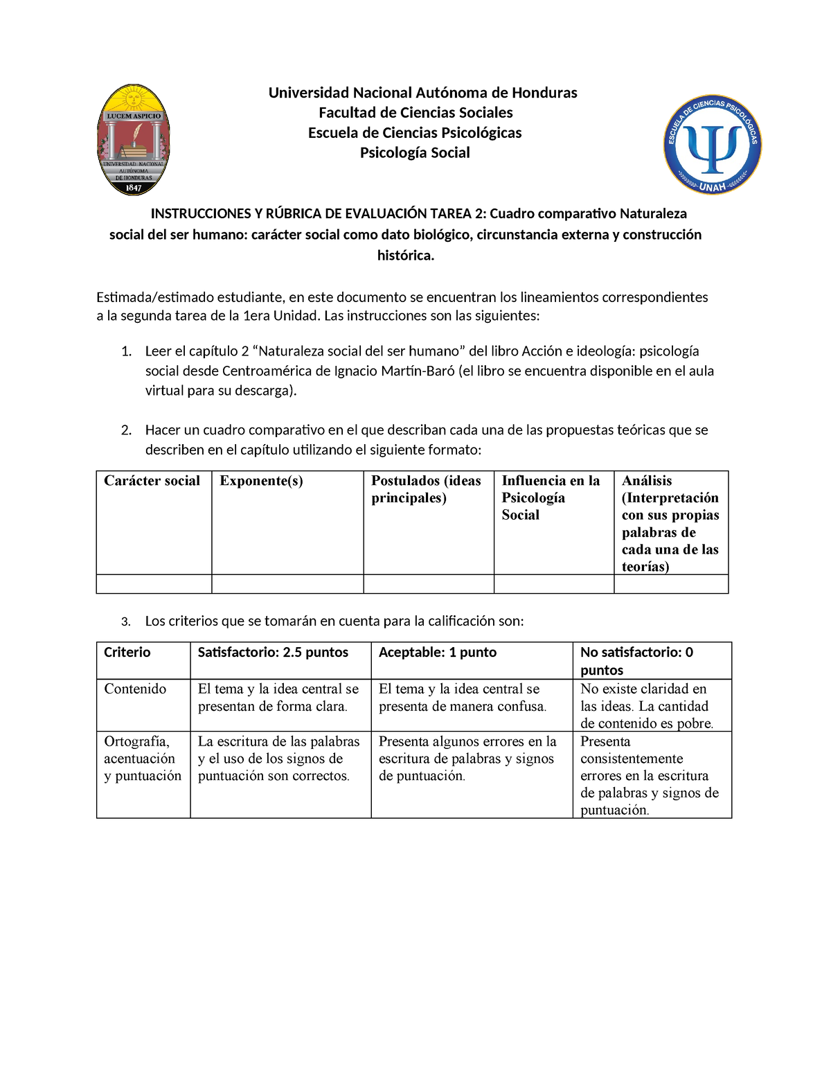 Instrucciones Y Rúbrica Cuadro Comparativo Naturaleza Social Del Ser