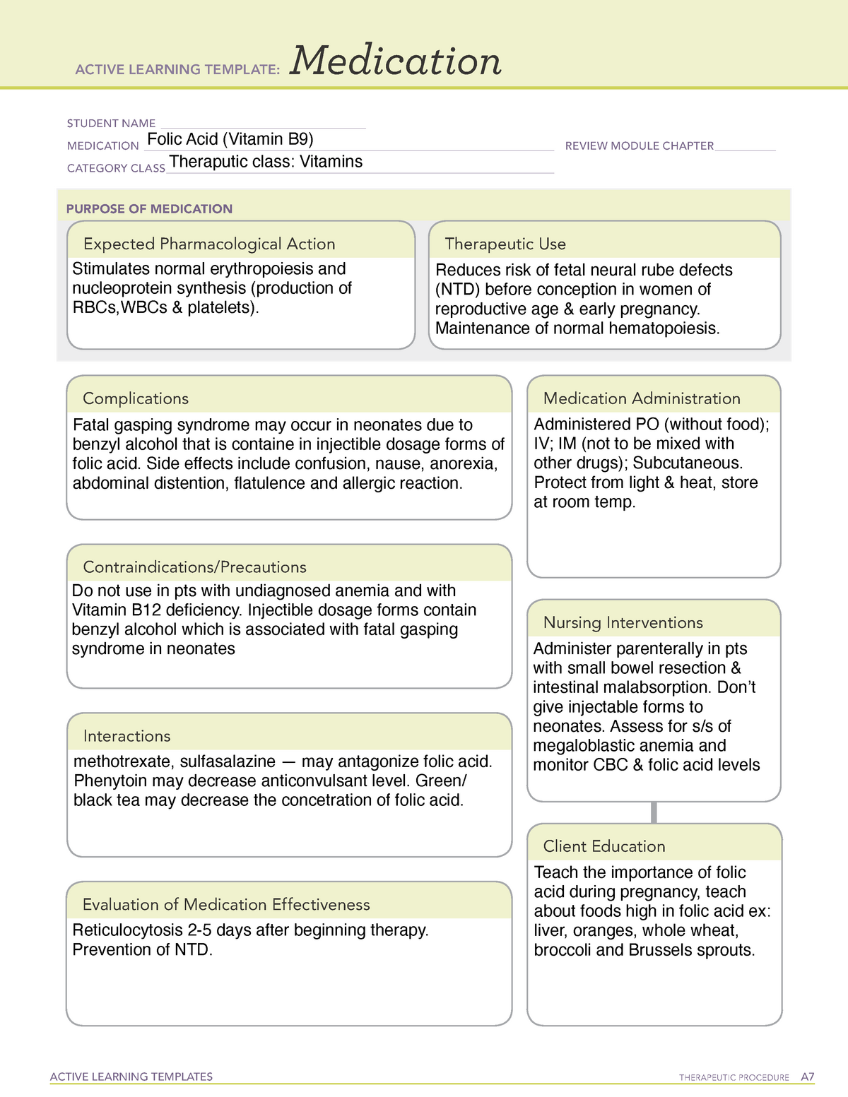 Folic Acid Medication Template