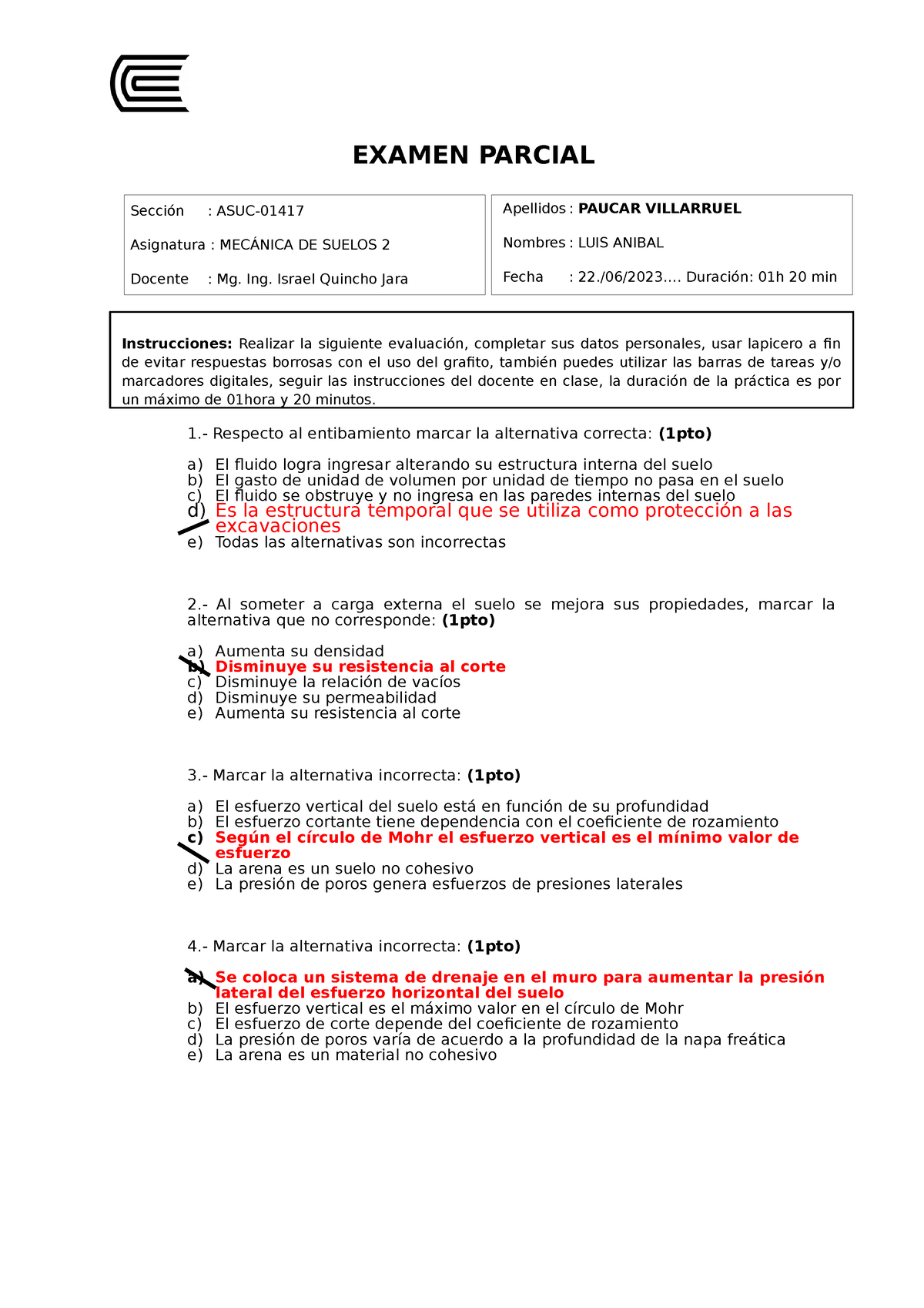 Examen Parcial Examen Parcial 1 Respecto Al Entibamiento Marcar La