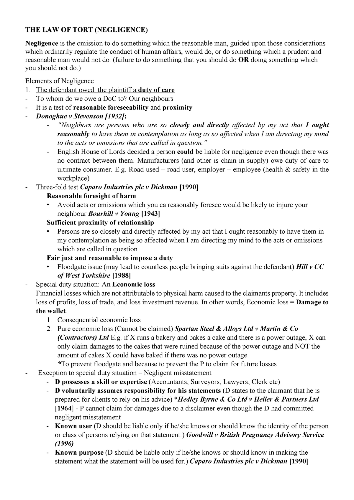 Law Of Tort Tort Law Summary The Law Of Tort Negligence