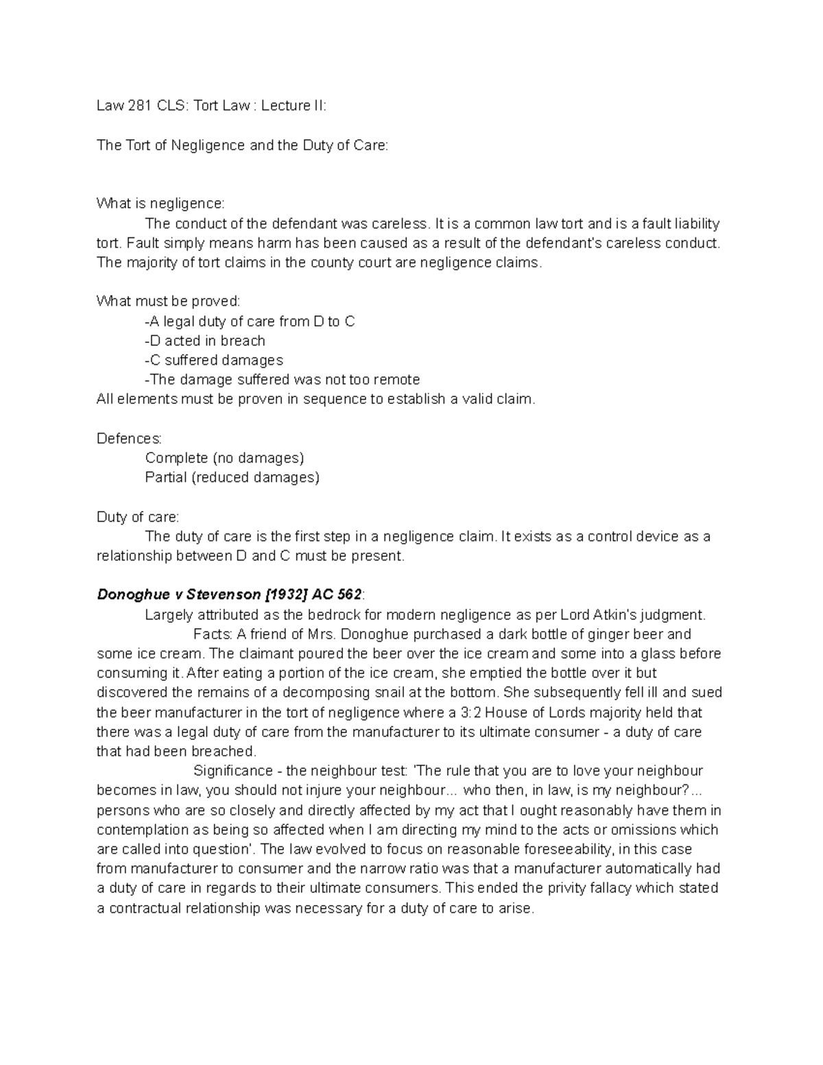 Lecture 2 Negligence And The Duty Of Care Law 281 Cls Tort Law