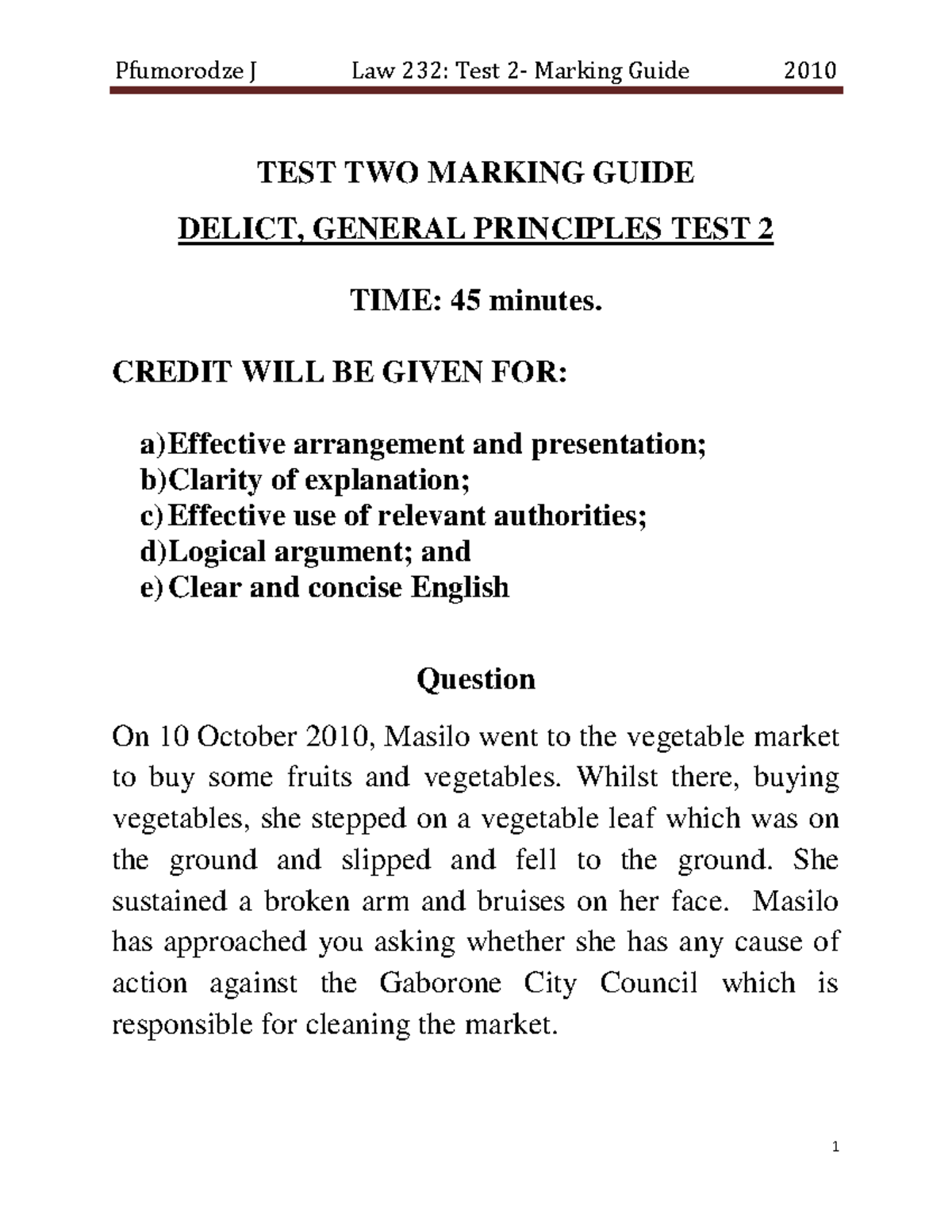 Test 20two 20 Marking 20 Guide Test Two Marking Guide Delict General