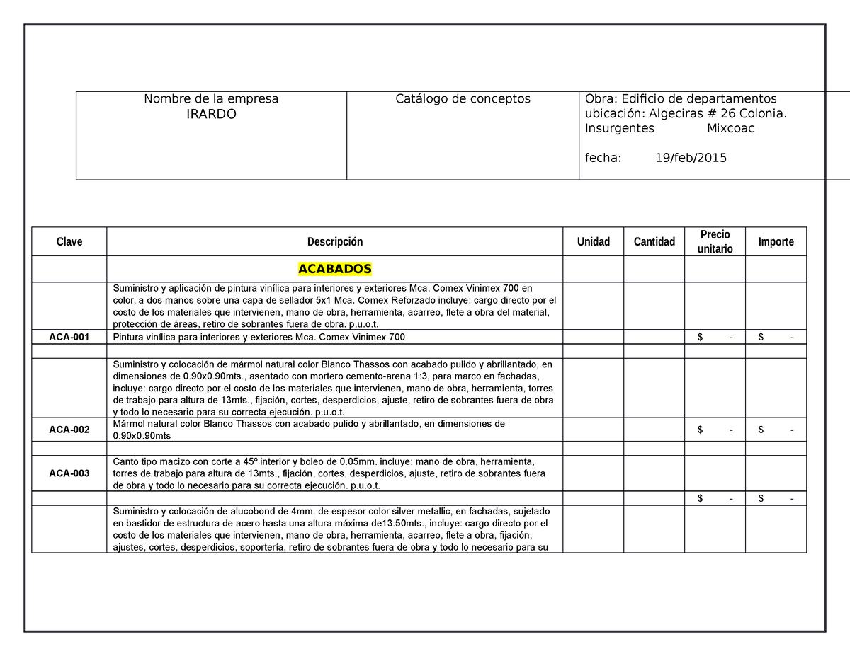 Catalogo De Conceptos De Acabados Pdf Herramientas Ac