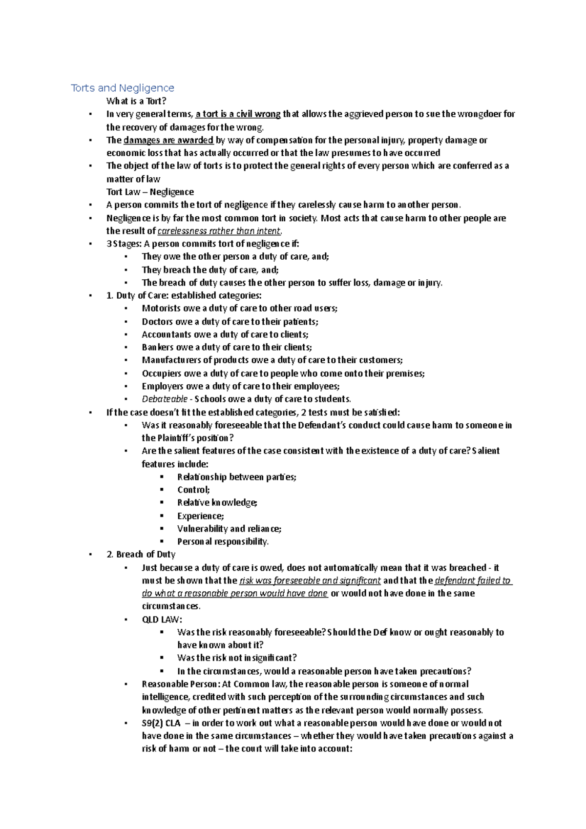 Final Exam Notes Summary Laws Torts And Negligence What Is A Tort