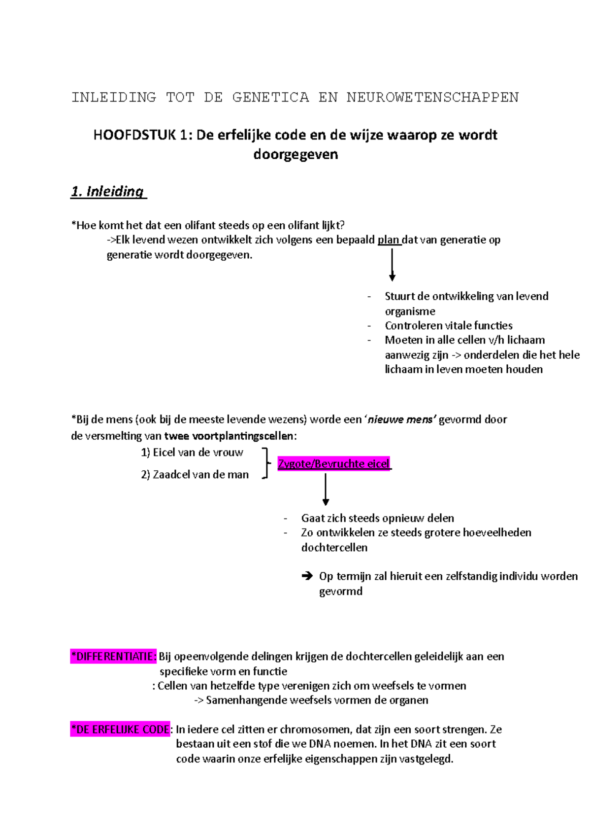 Genetica En Neurowetenschappen Samenvatting Inleiding Tot De Genetica