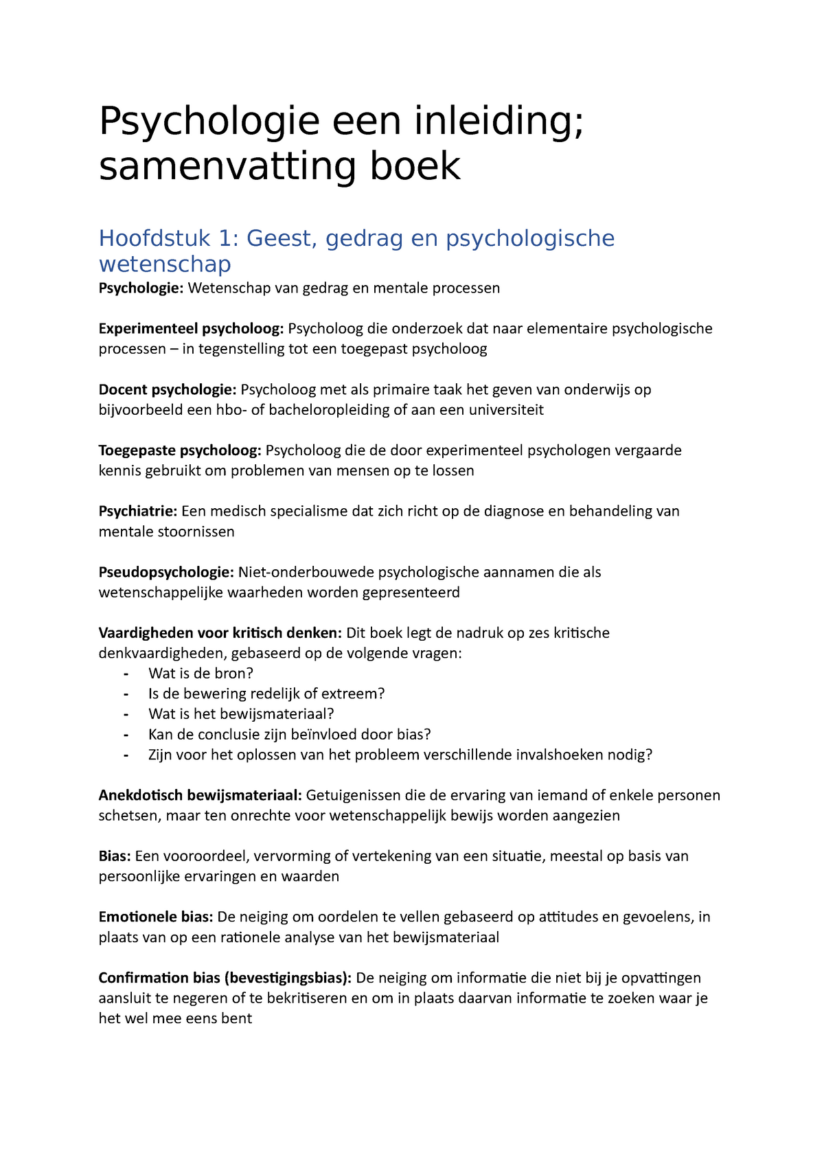 Psychologie Een Inleiding Samenvatting Boek Psychologie Een