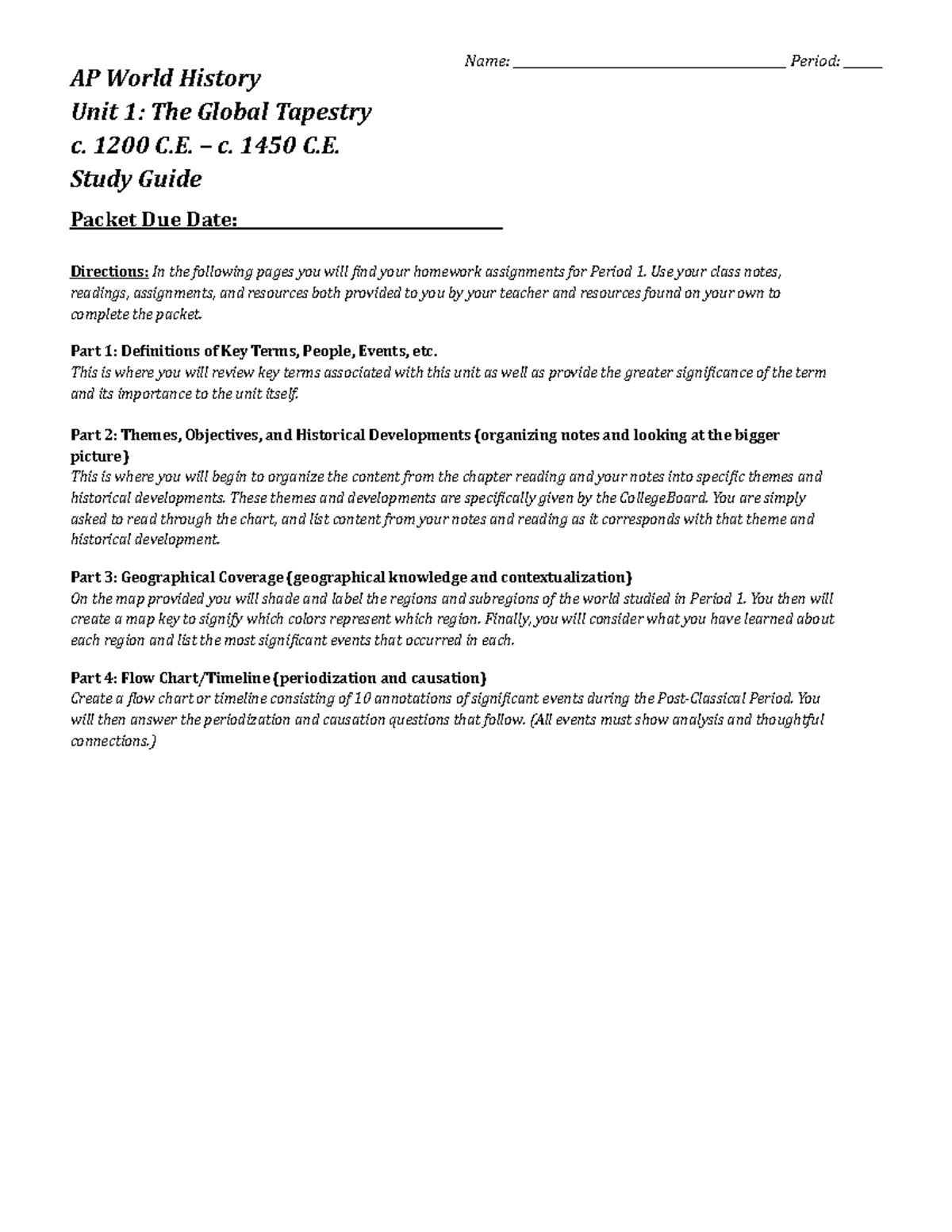 00 Unit 1 Homework Packet 19 20 11181 Ap World History Unit 1 The