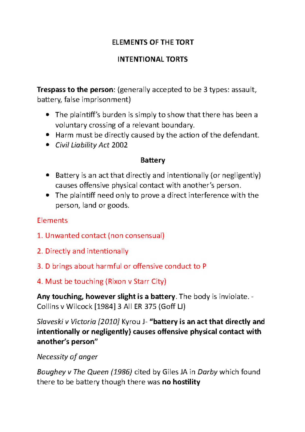 Torts Notes Elements Of The Tort Intentional Torts Trespass To The