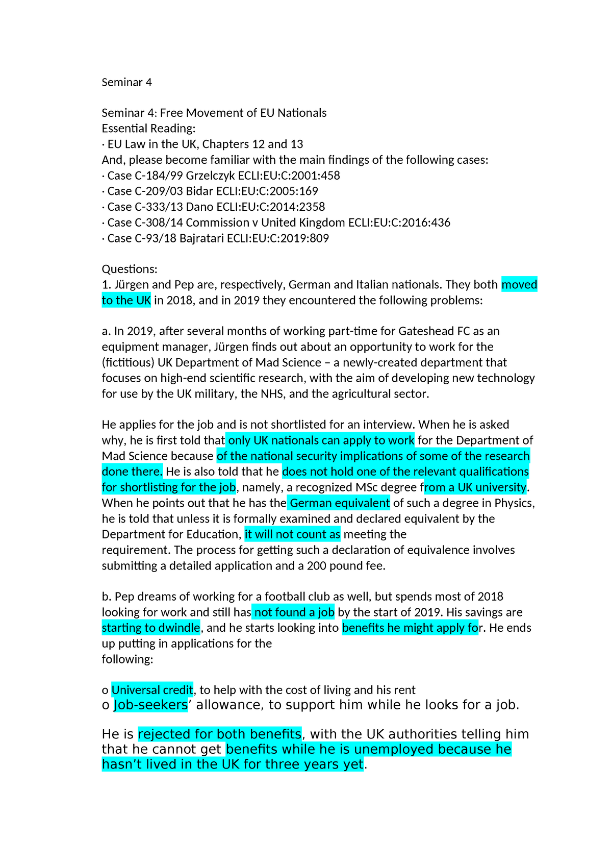 Seminar 4 Summary Land Law Seminar 4 Seminar 4 Free Movement Of Eu