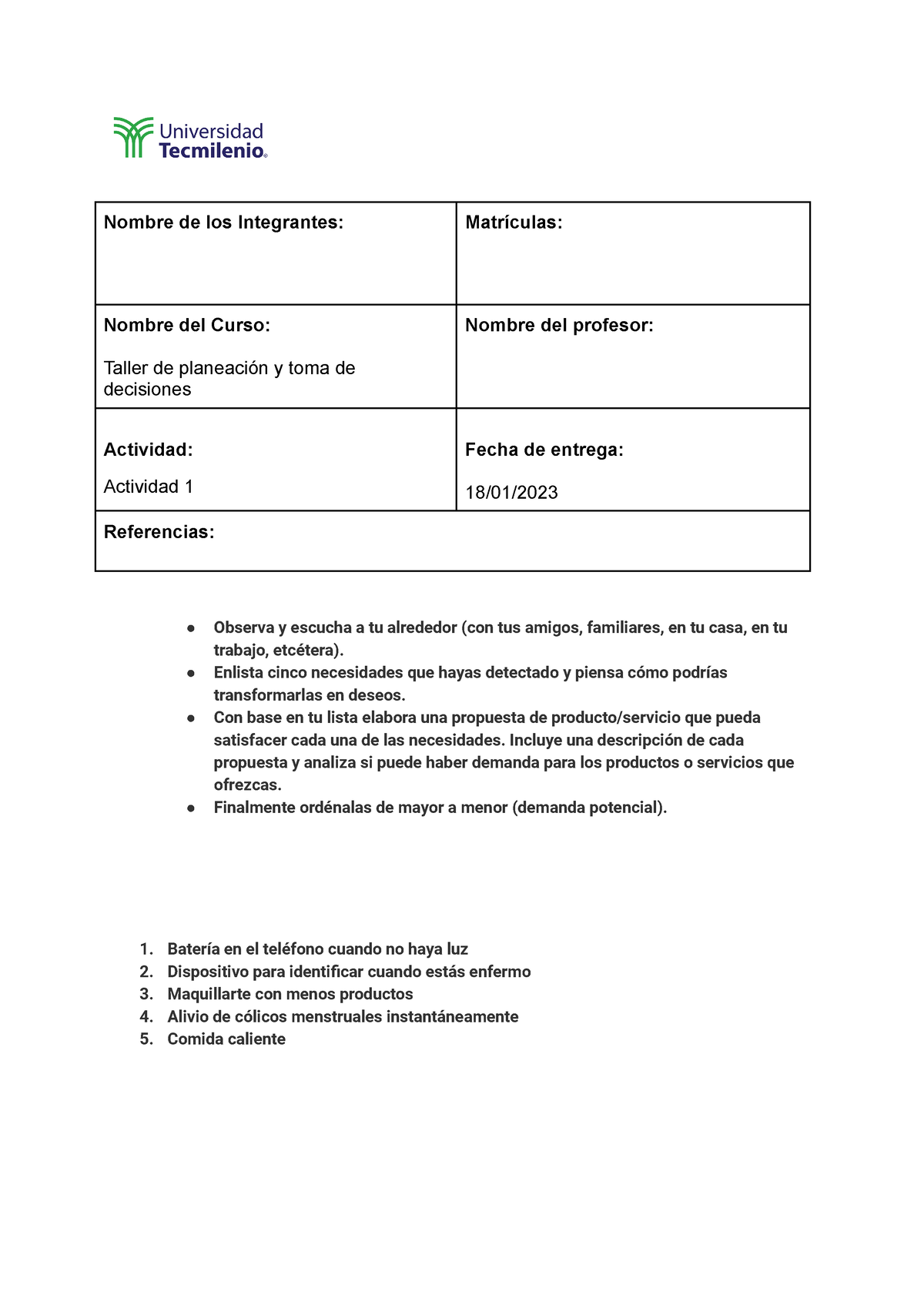 Actividad 1 Planeación 6to Nombre De Los Integrantes Matrículas