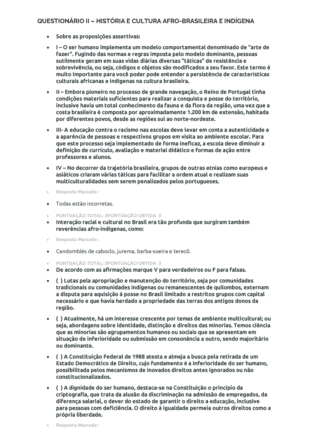 Questionário Ii História E Cultura Afro Brasileira E Indígena