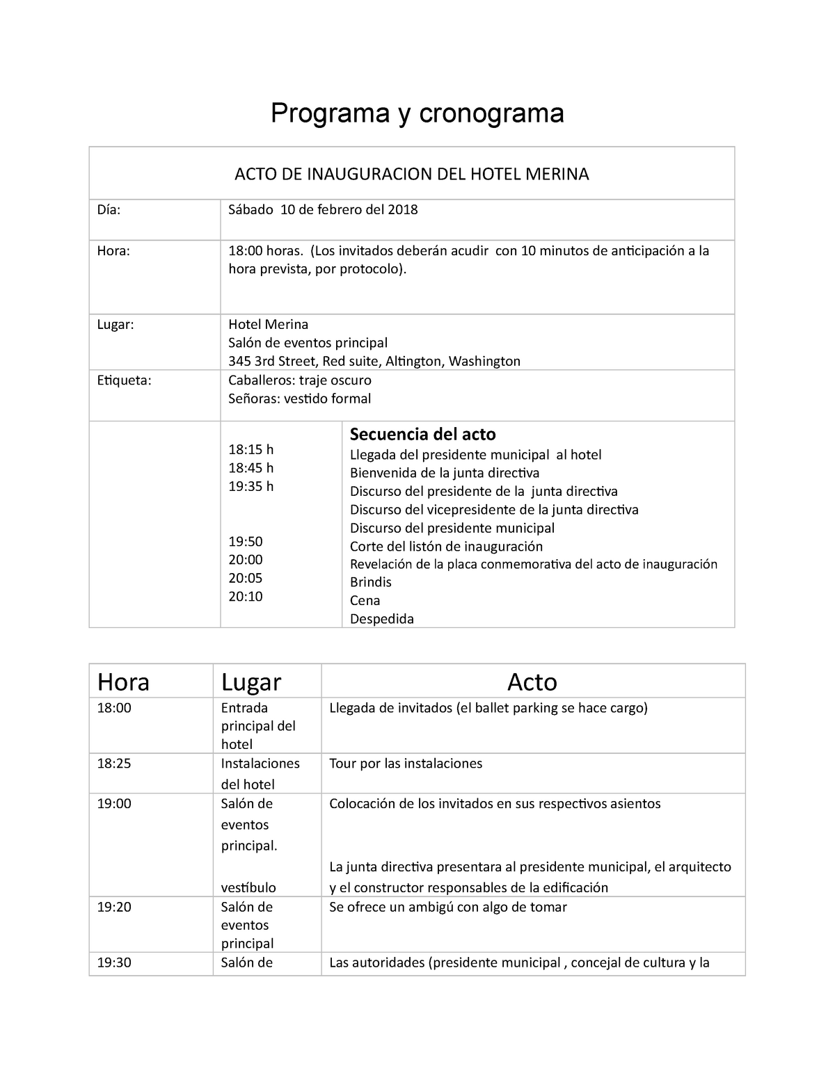 Programa Relaciones Publica Programa Y Cronograma Acto De