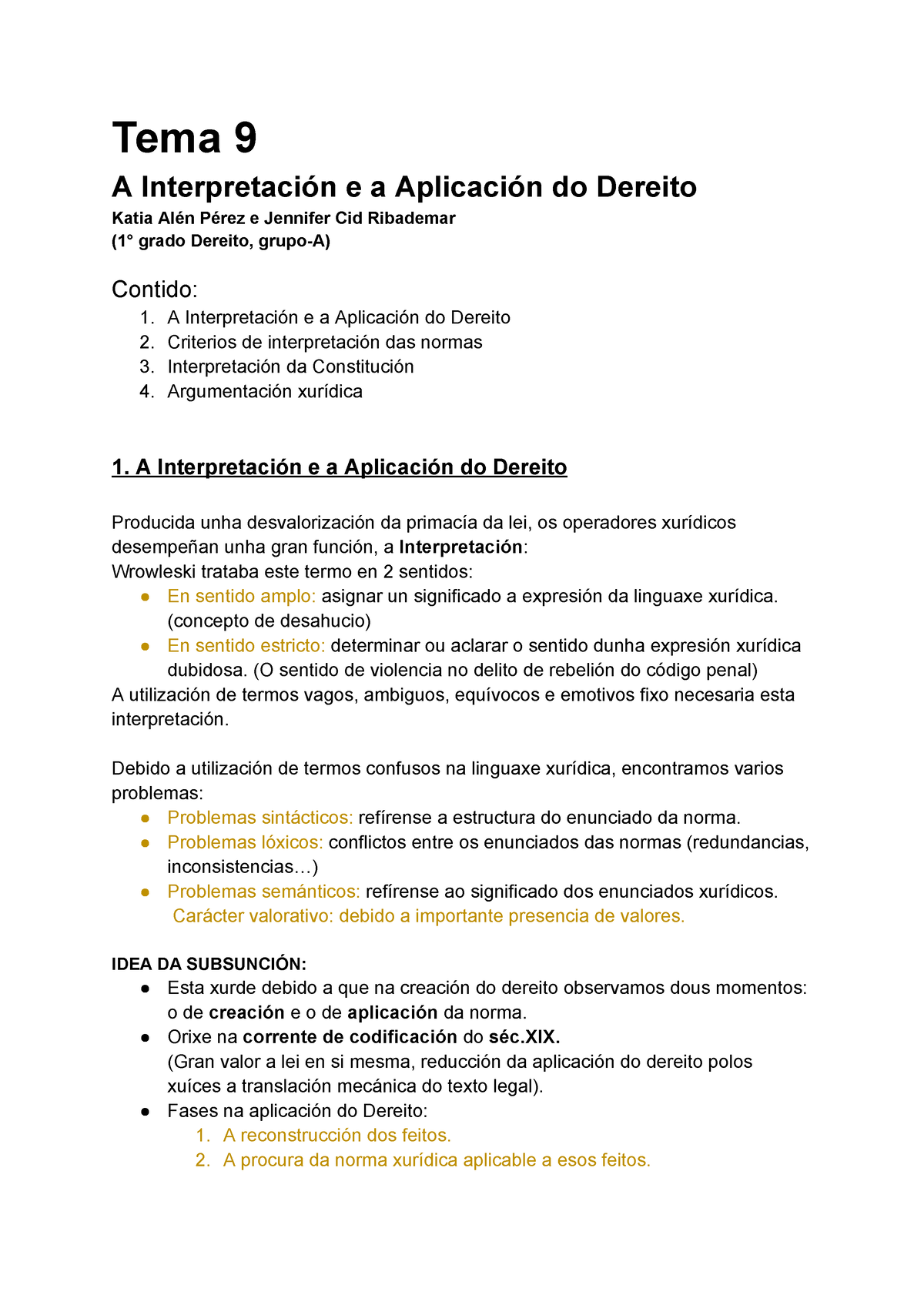 Traballo Teoría Do Dereito Tema 9 A Interpretación E A Aplicación Do