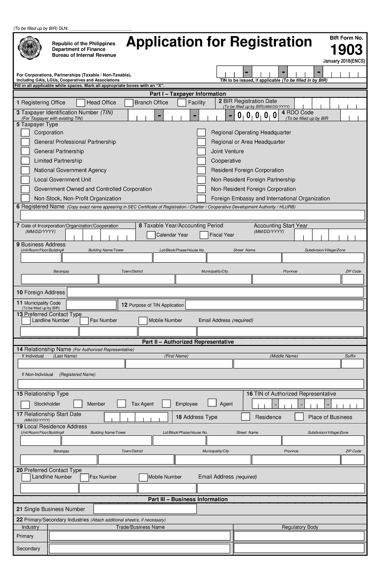 Bir Forms 1903 Application For Registration To Be Filled Up By Bir