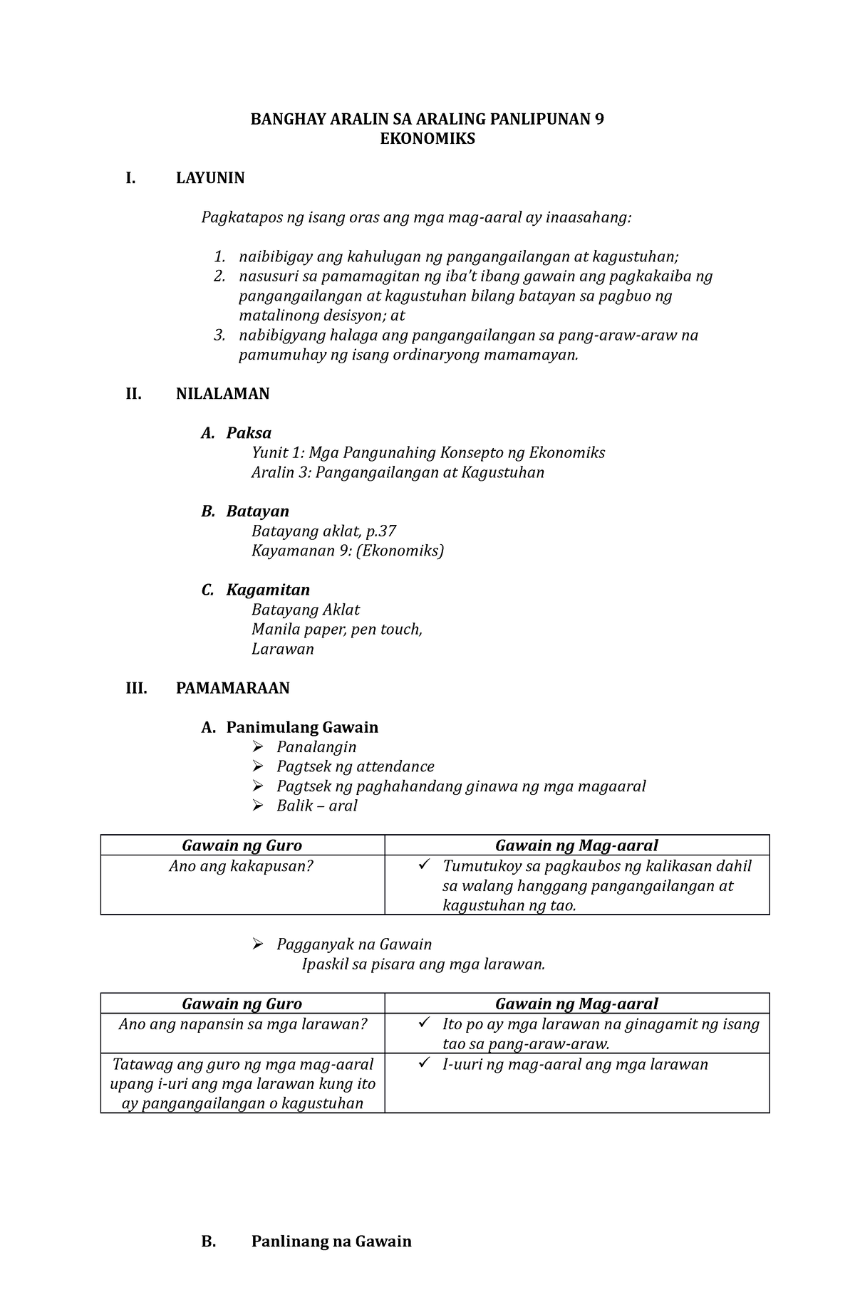 Lesson Plan In Ekonomiks Masusing Banghay Aralin Sa Pagtuturo Ng Hot