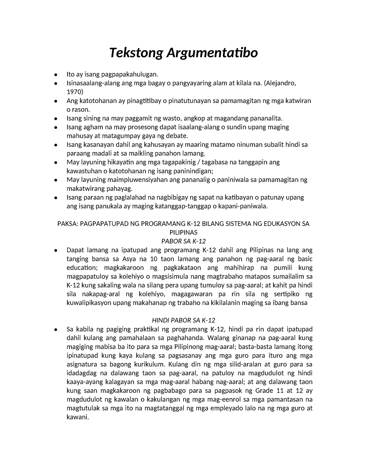 Tekstong Argumentatibo Isinasaalang Alang Ang Mga Bagay O