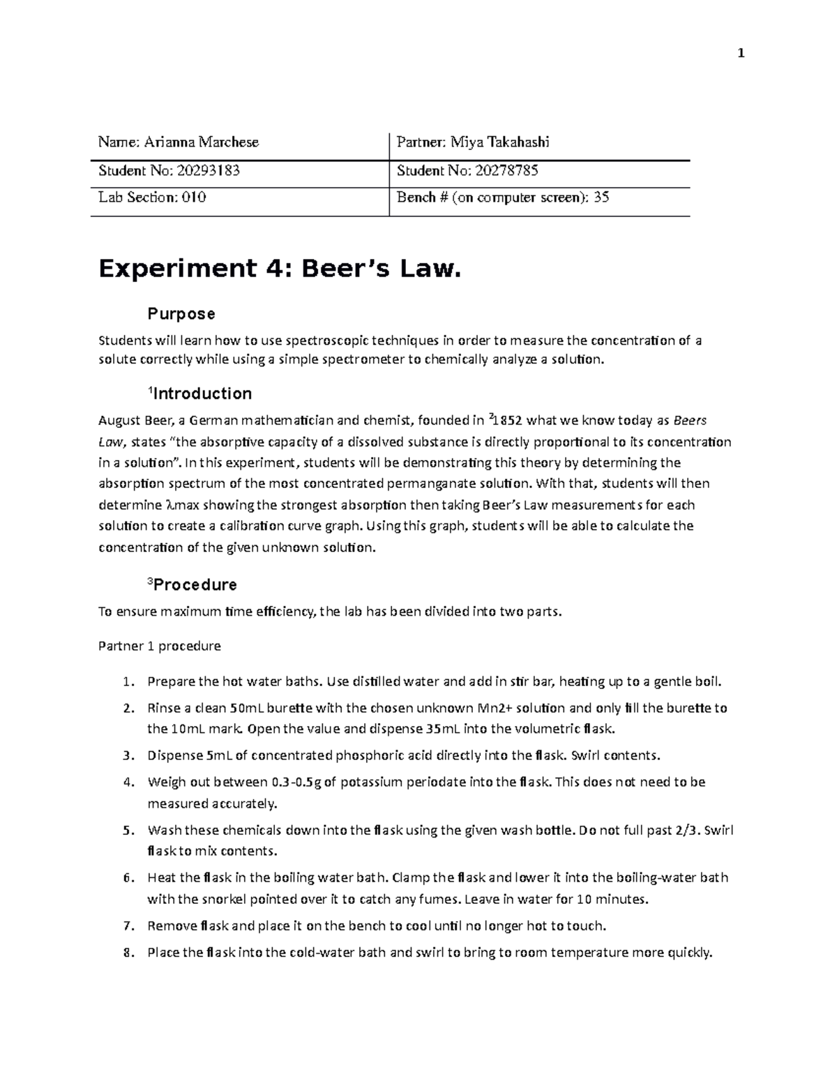 Beers Law Lab Chemistry 112 Fall Term Chem 112 Queensu Studocu