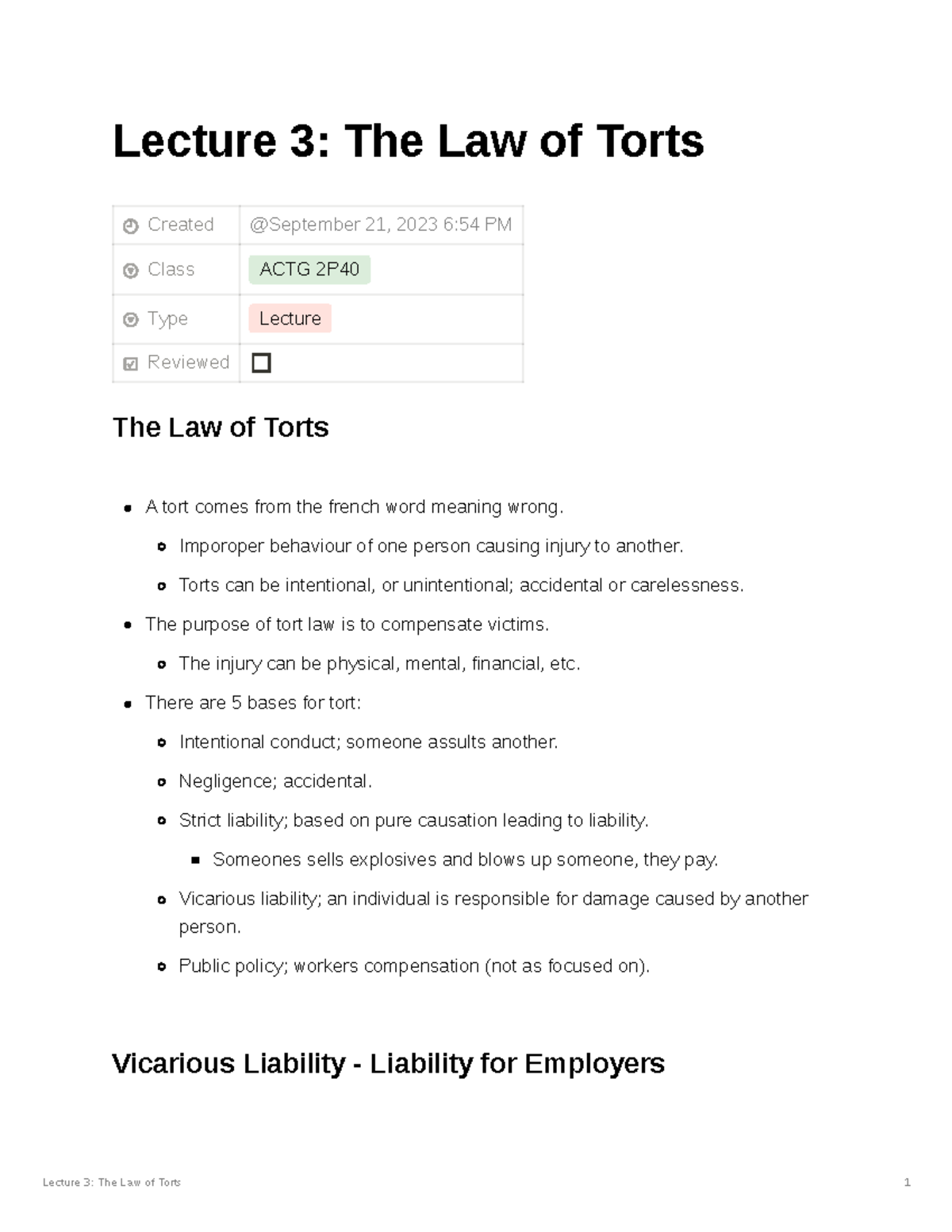 Tort Law Tort Law Lecture Notes Lecture 3 The Law Of Torts Created