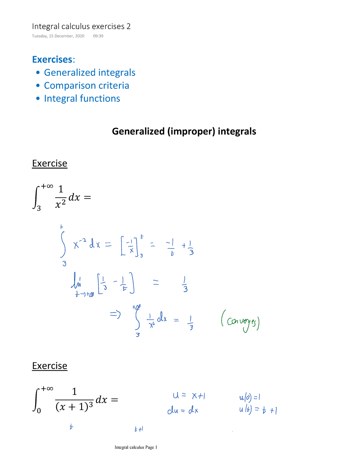 Integral Calculus Exercises 2 Exercises Generalized Integrals