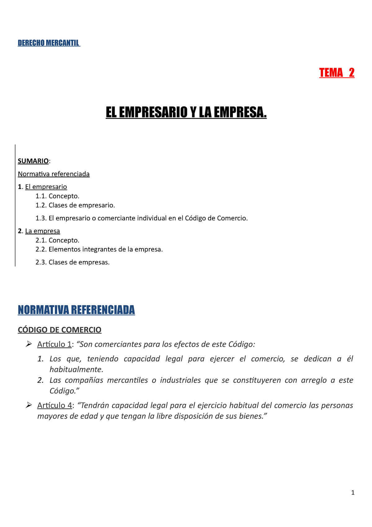 Tema 2 Apuntes 2 Derecho Mercantil Tema 2 El Empresario Y La