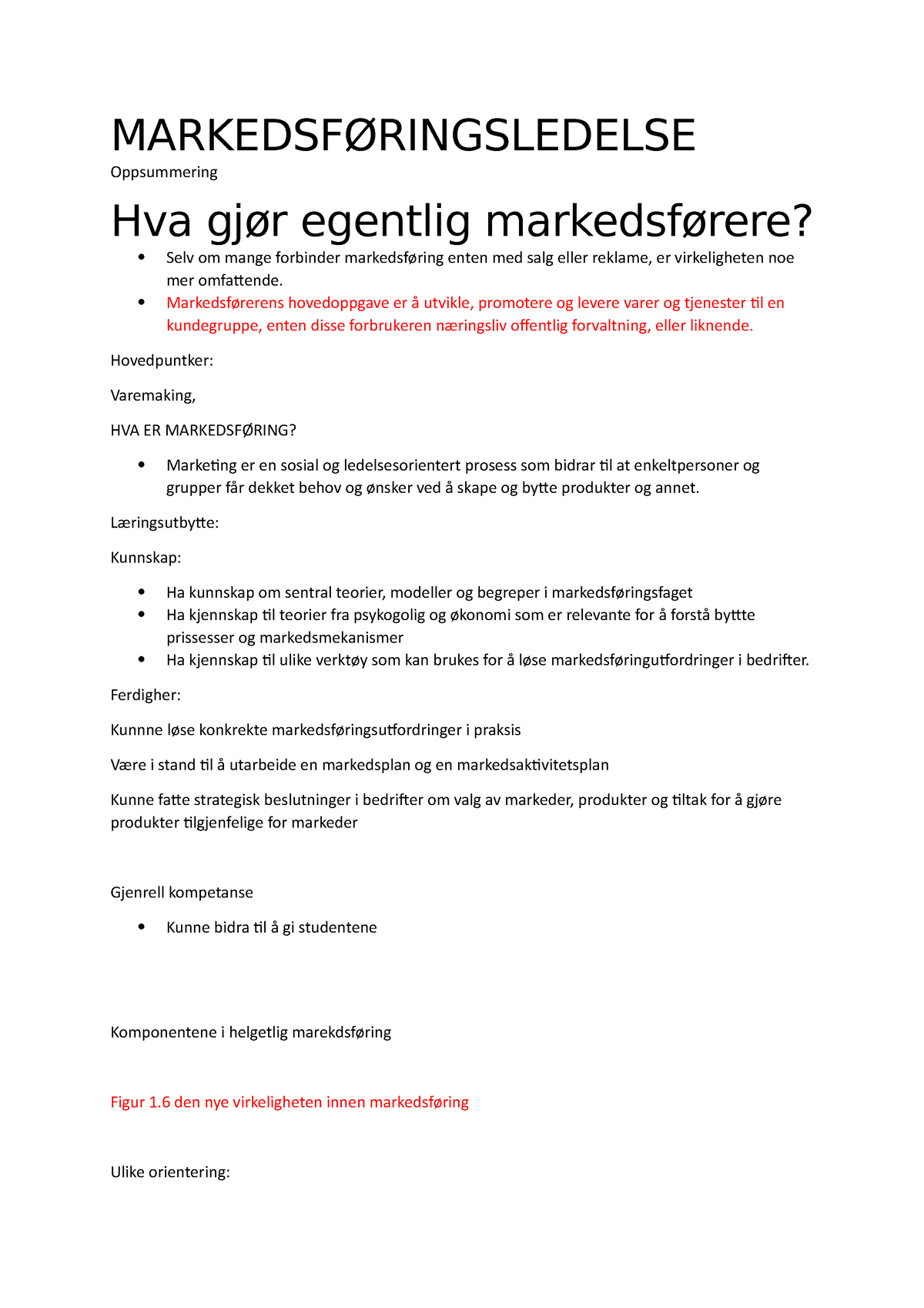 Markedsføringsledelse Oppsummering MarkedsfØringsledelse