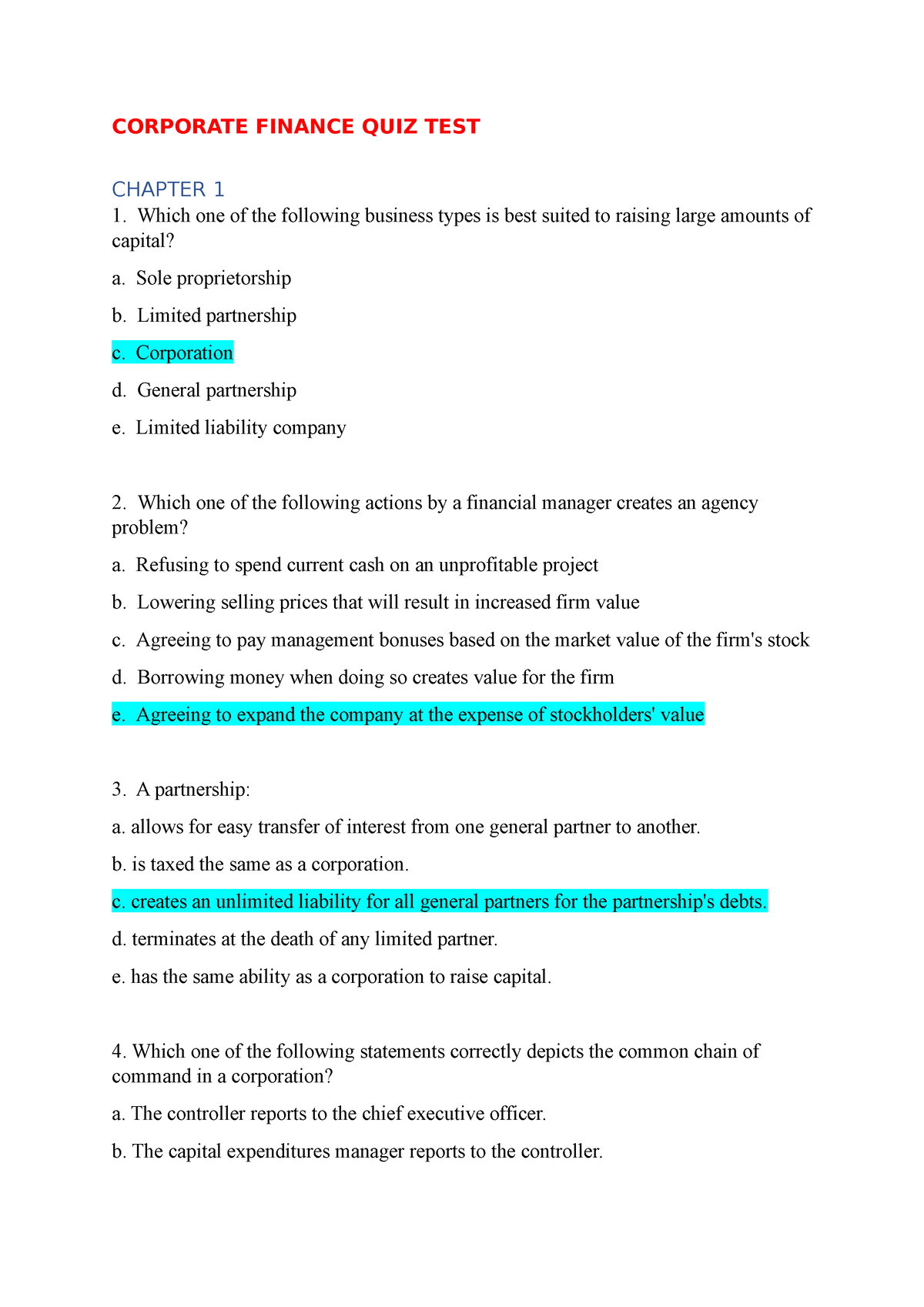 Corporate Finance Quiz Test Chapters Corporate Finance Quiz Test