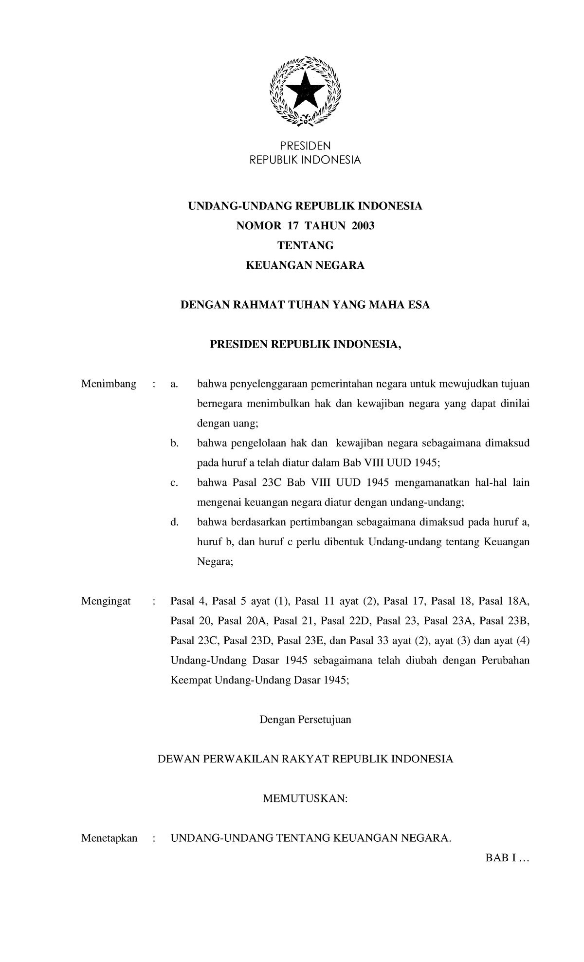 Uu Nomor 17 Tahun 2003 Peraturan Hukum Republik Indonesia Undang