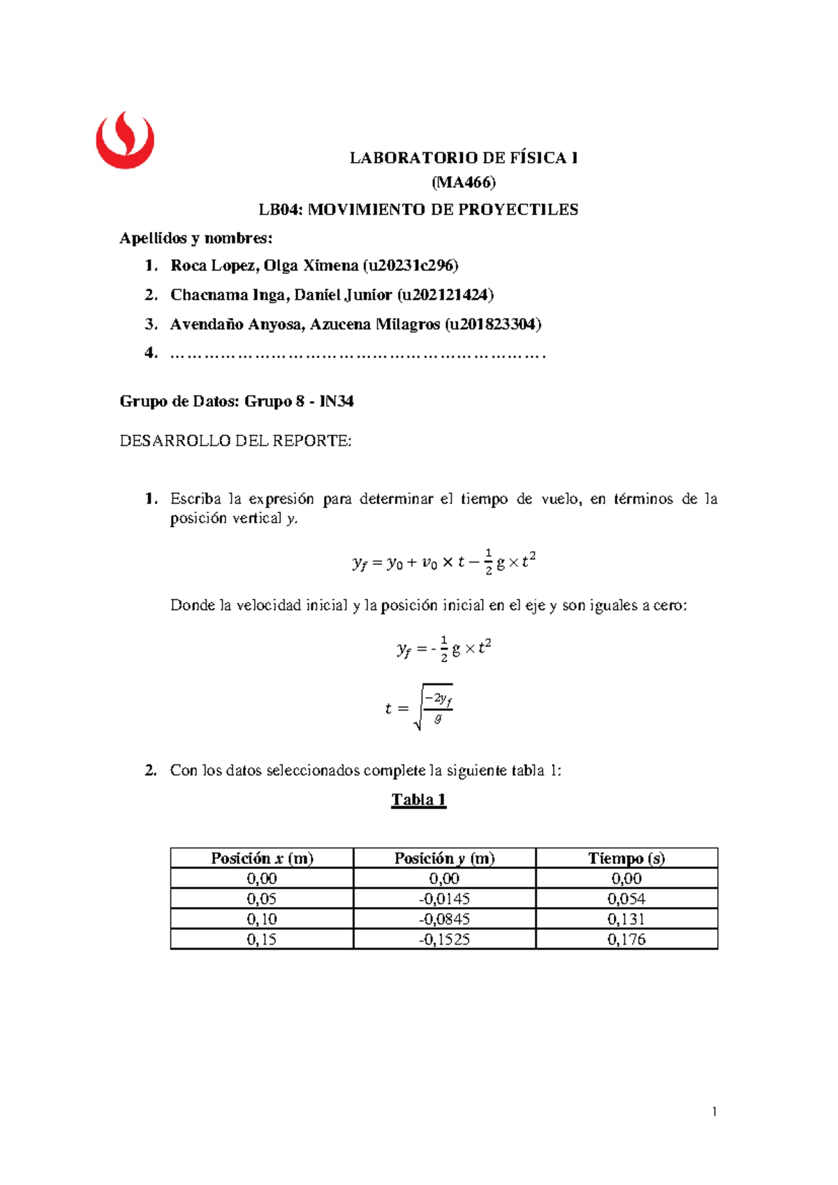 Lb04 Grupo 8 In34 1 Laboratorio De FÍsica I Ma466 Lb04 Movimiento