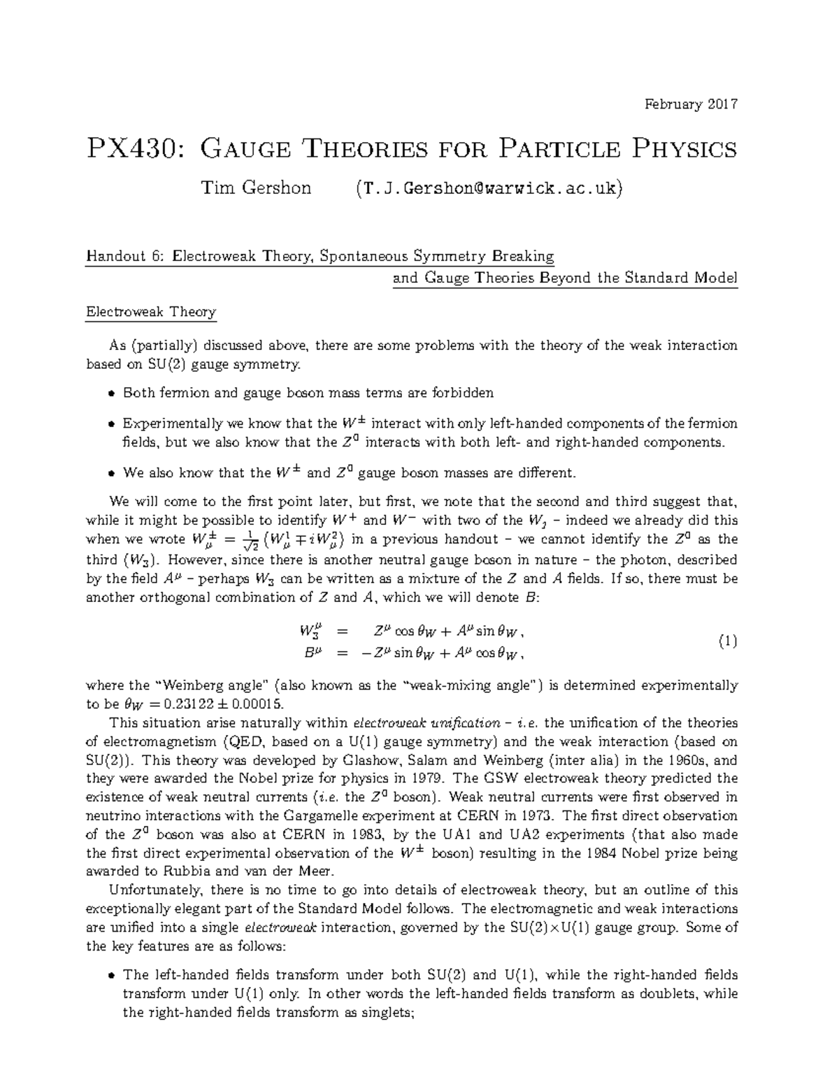 Px430 2016 2017 Lecture Notes Electroweak Theory Spontaneous