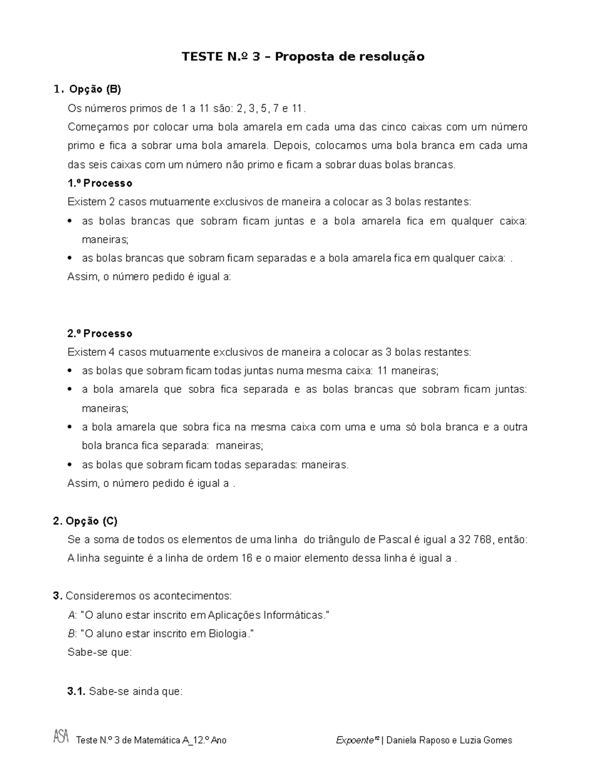 Proposta De Resolução Do Teste Nº 3 2022 2023 Teste Nº 3 Proposta