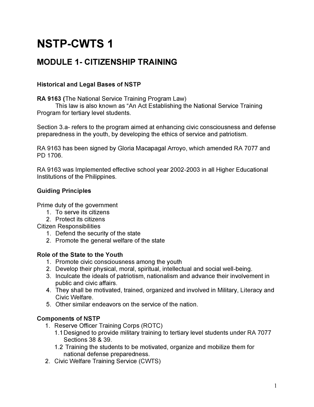 Nstp Cwts Notes Nstp Cwts 1 Module 1 Citizenship Training