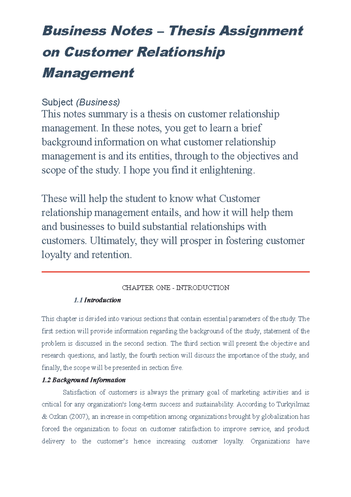 Customer Relationship Management Thesis Business Notes Thesis