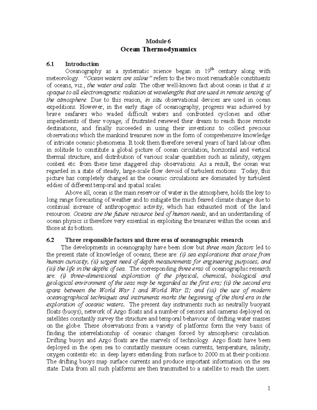 Module 6 Atmospheric Physics Module 6 Ocean Thermodynamics 6