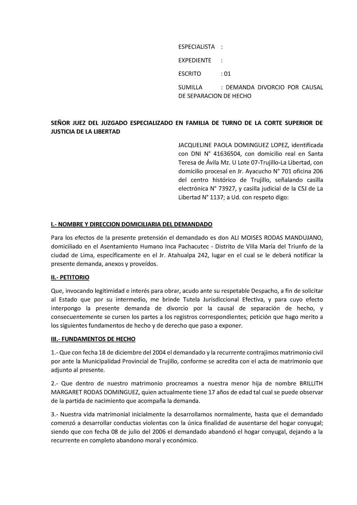 Expediente Especialista Escrito 01 Sumilla Solicitud