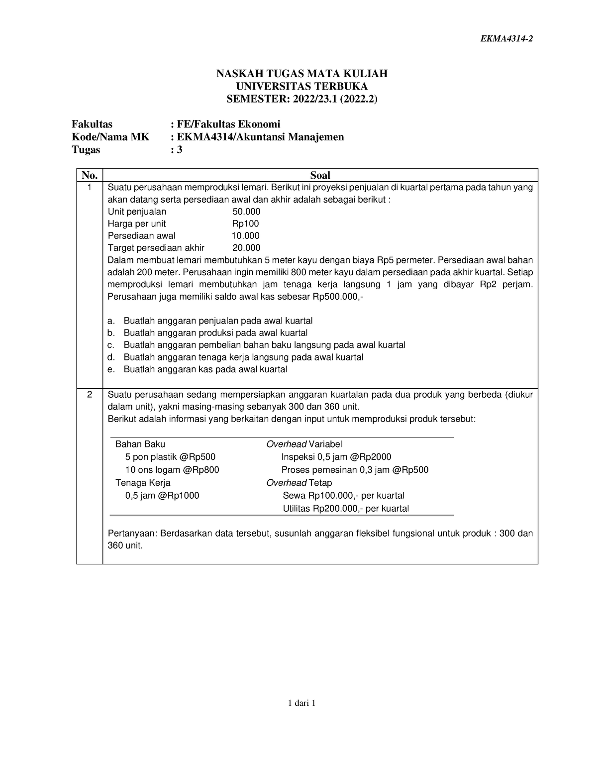 Soal Ekma4314 Tmk3 2 Akuntansi Ekma4314 1 Dari 1 Naskah Tugas Mata