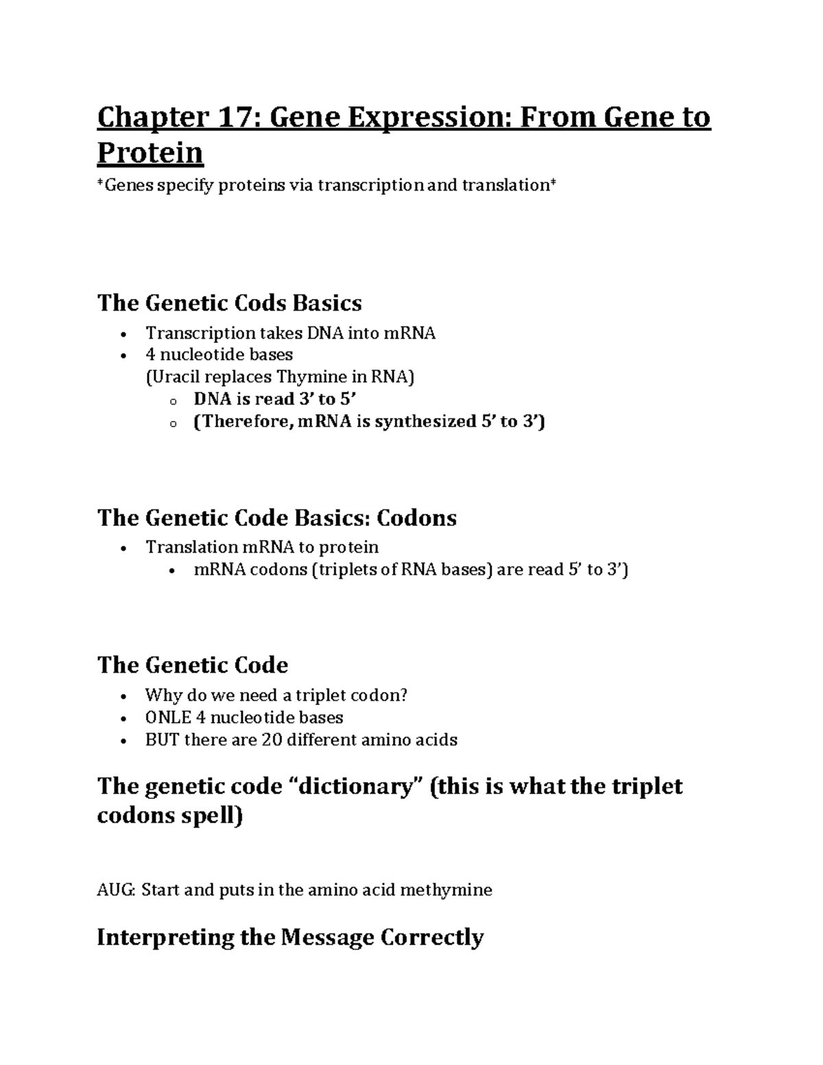 Chapter 17 Gene Expression From Gene To Protein Chapter 17 Gene