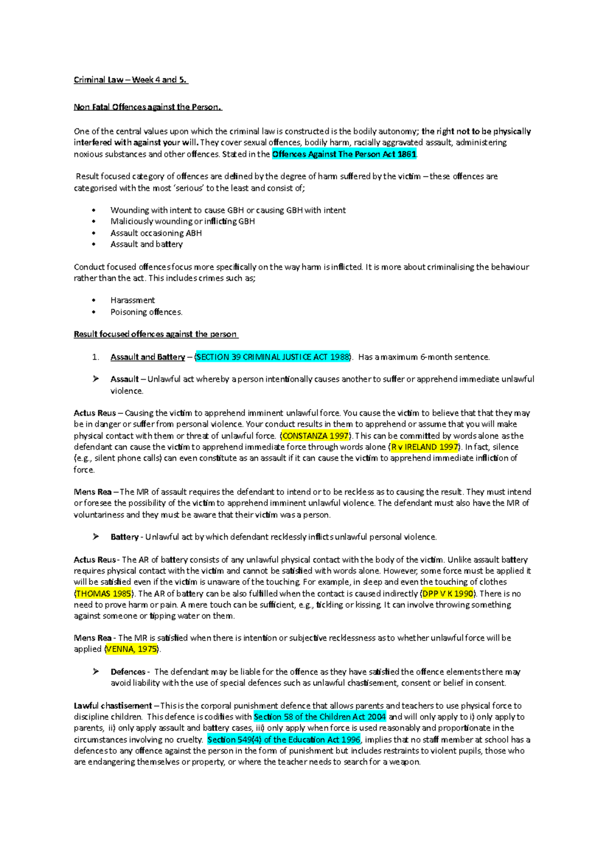 5 Crim Law Wk4 5 Non Fatal Offences Criminal Law Week 4 And 5