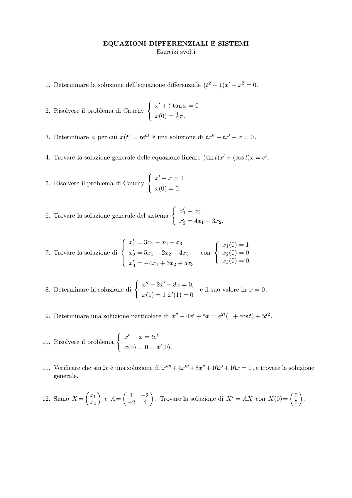 Esercizi Su Equazioni Differenziali E Sistemi Analisi Matematica 2 A