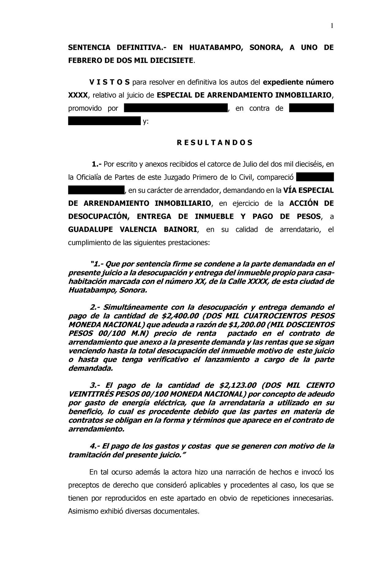 Sentencia Juicio Especial Arrendamiento Inmobiliario Sentencia