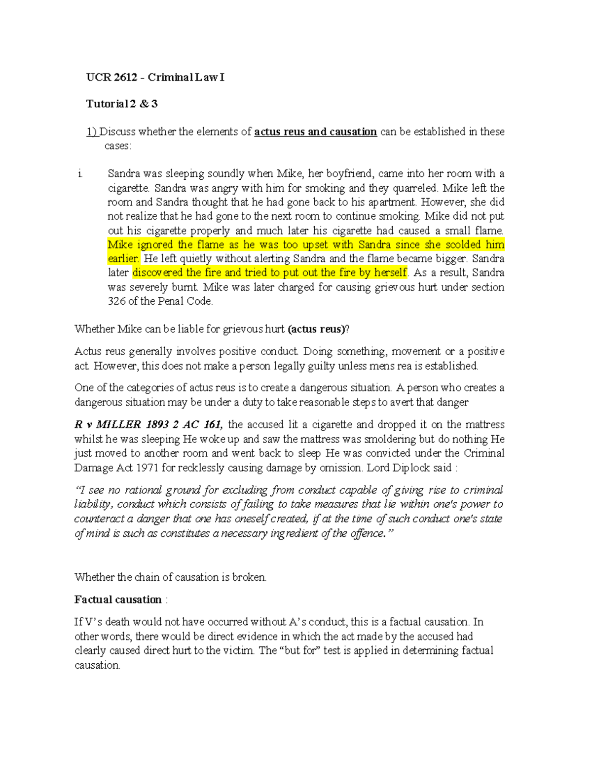 Tutorial 2 Ucr 2612 Criminal Law I Tutorial 2 And 3 Discuss Whether