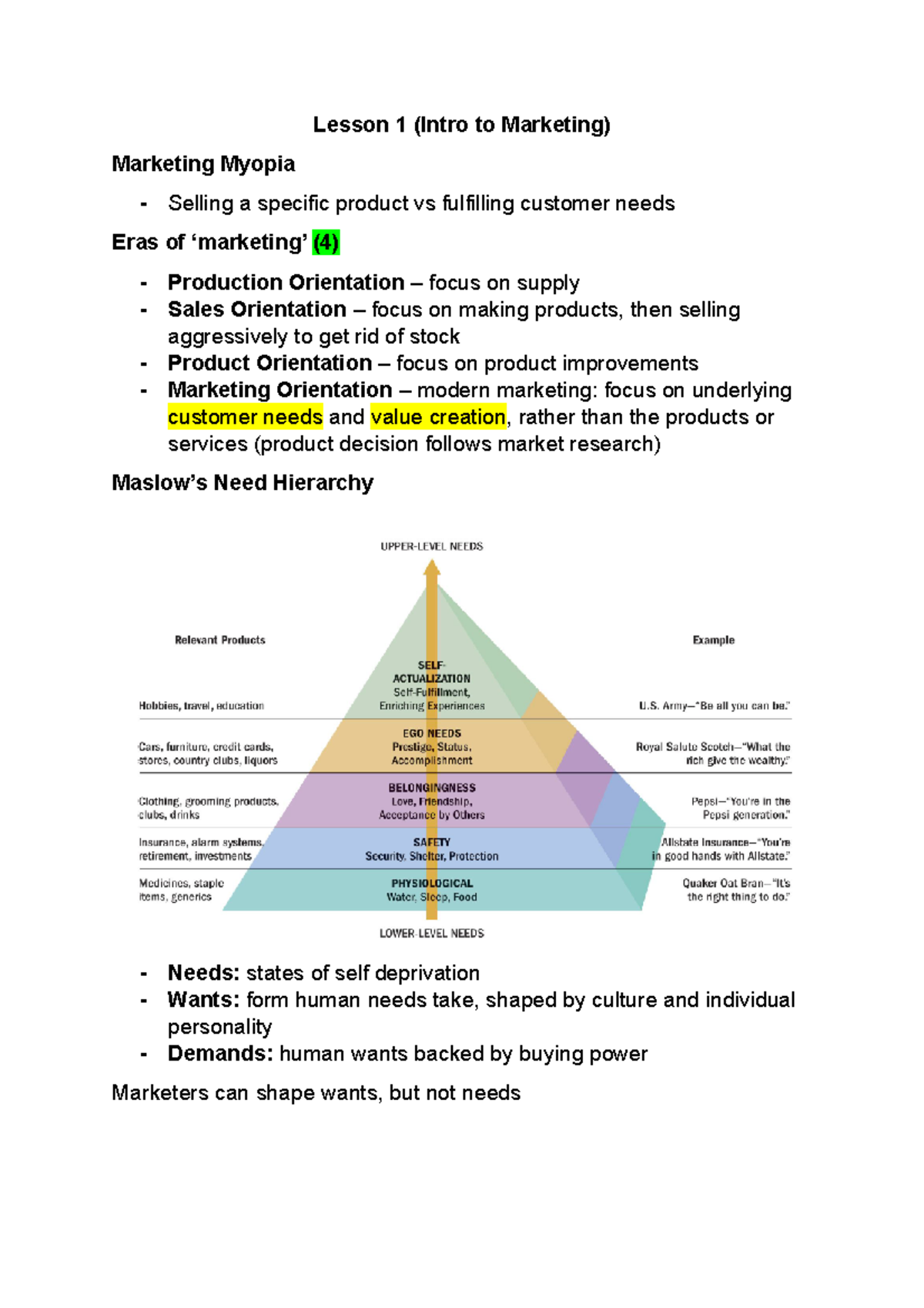 Lesson 1 Notes Intro To Marketing Lesson 1 Intro To Marketing