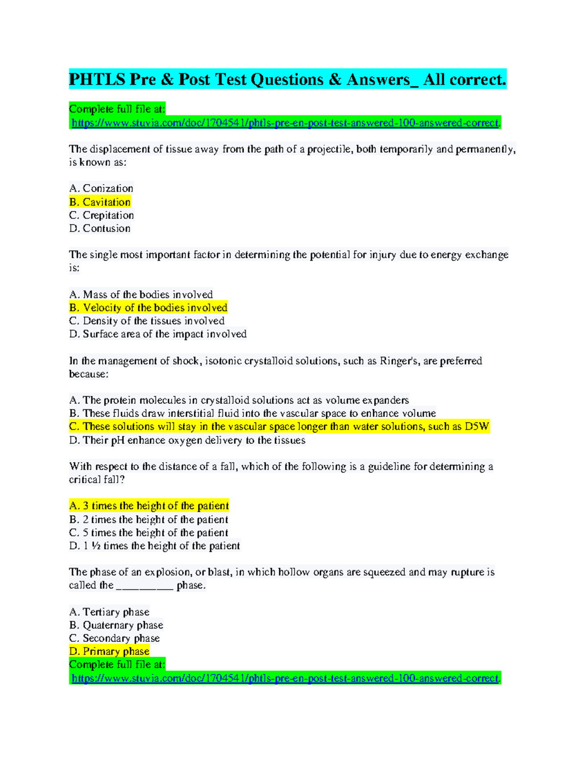 Phtls Pre Post Test Questions Answers Phtls Pre And Post Test Questions