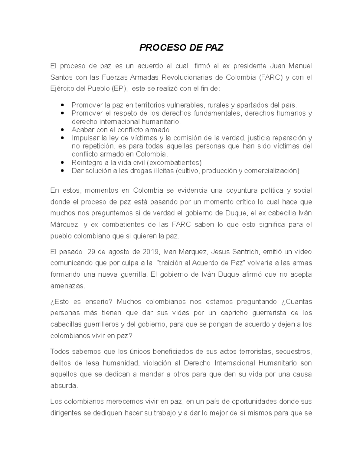 Proceso De Paz Proceso De Paz El Proceso De Paz Es Un Acuerdo El Cual